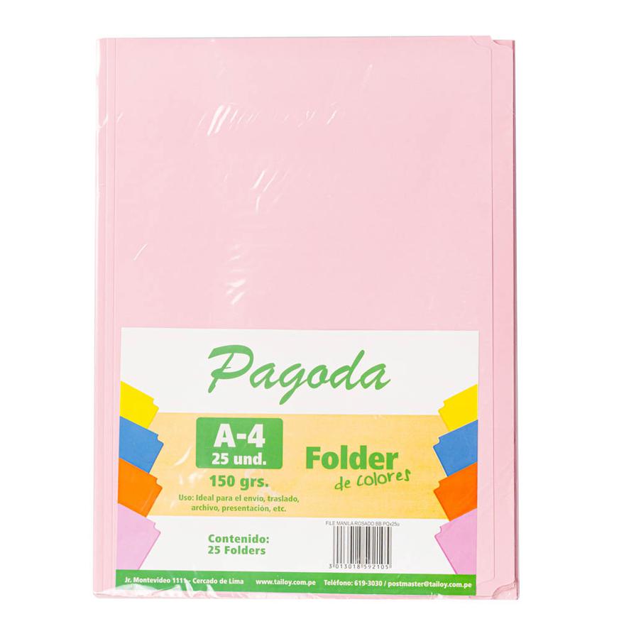 FOLDER MANILA A4 COLOR ROSADO X 25 UNID PAGODA – NS TECNOUTILES